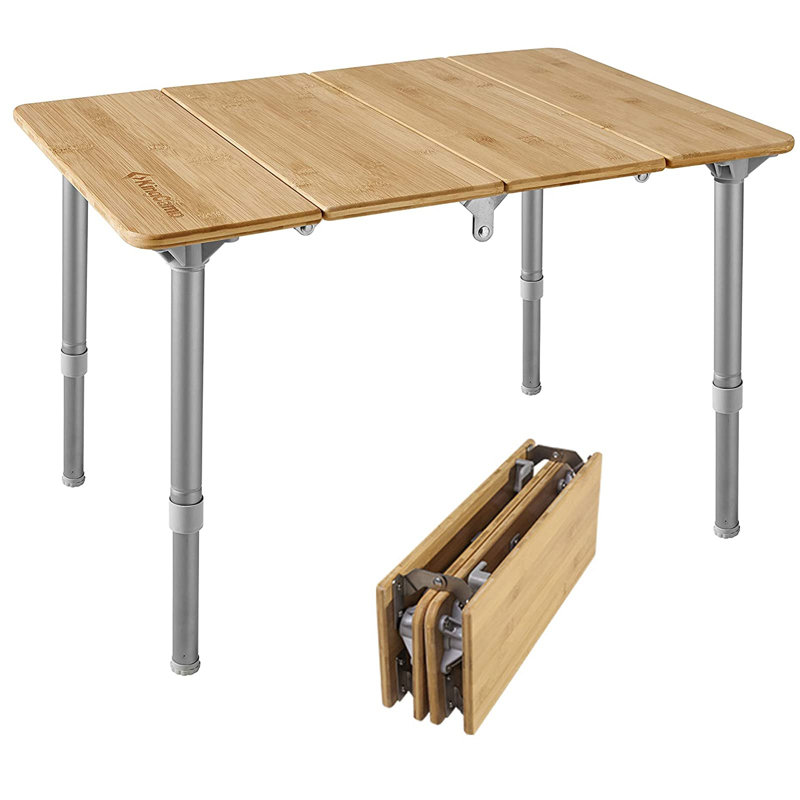 RFVT Bamboo Folding Table Camping Table With Adjustable Height 4 Folds Compact Small Lightweight Portable Picnic Camp Table For Outdoor Backpacking Beach RV Travel Tailgating Barbecue 1 2 People Wayfa...